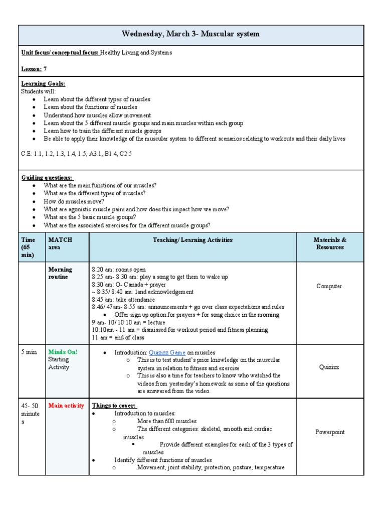 Lesson Plan Wed March 3 | PDF | Soft Tissue | Musculoskeletal System