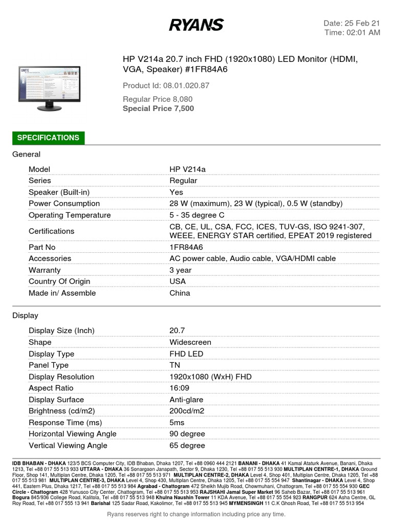 HP V214a 20.7 Inch FHD (1920x1080) LED Monitor (HD | PDF | Computer ...