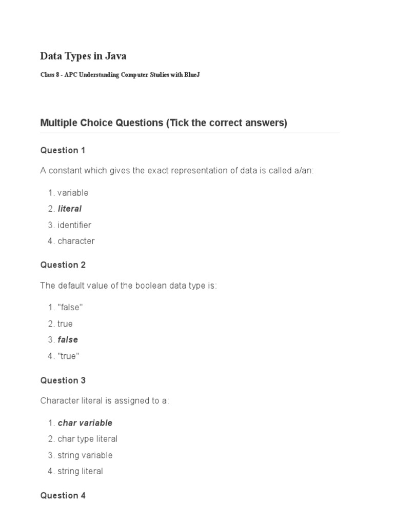 Data Types in Java: Multiple Choice Questions (Tick The Correct Answers) | Download Free PDF ...