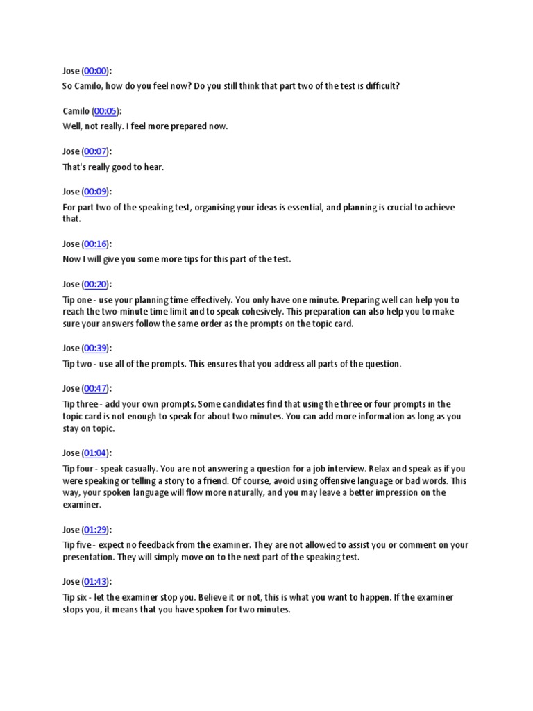 Tips For IELTS Speaking Part 2 Transcript | PDF