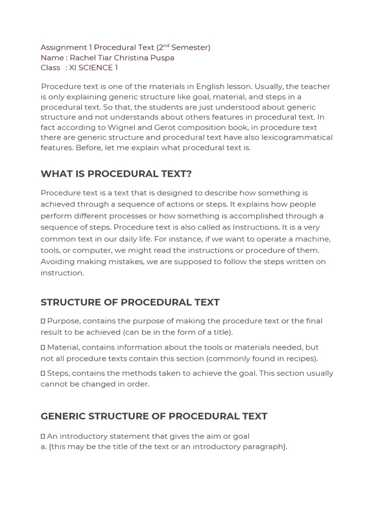Rachel Tiar Christina - Assignment 1 Procedural Text (Semester 2) | PDF ...