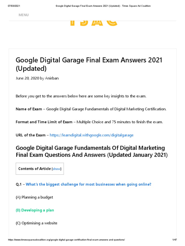 Google Digital Garage Final Exam Answers 2021 (Updated) - Times Square ...