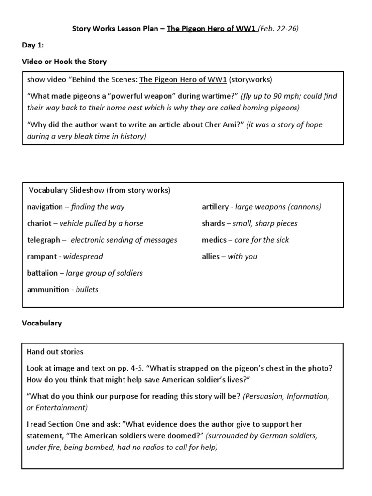The Pigeon Hero of WW1 Lesson Plan | PDF | Warfare | Military