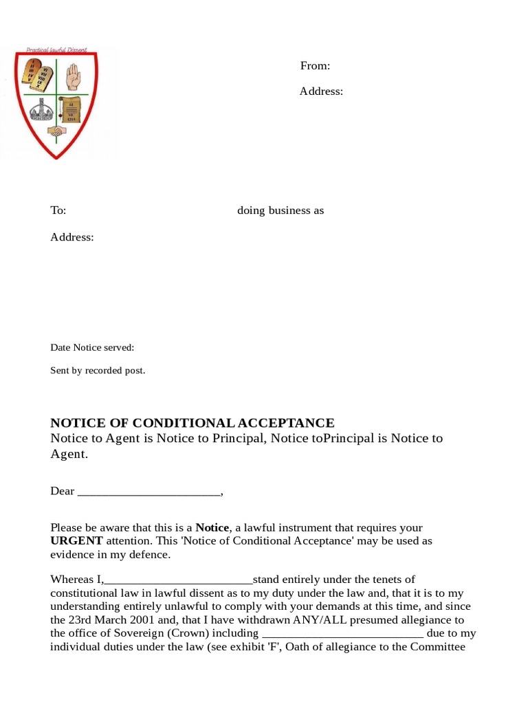 Notice of Conditional Acceptance Template | PDF | Oath Of Office | Magna Carta
