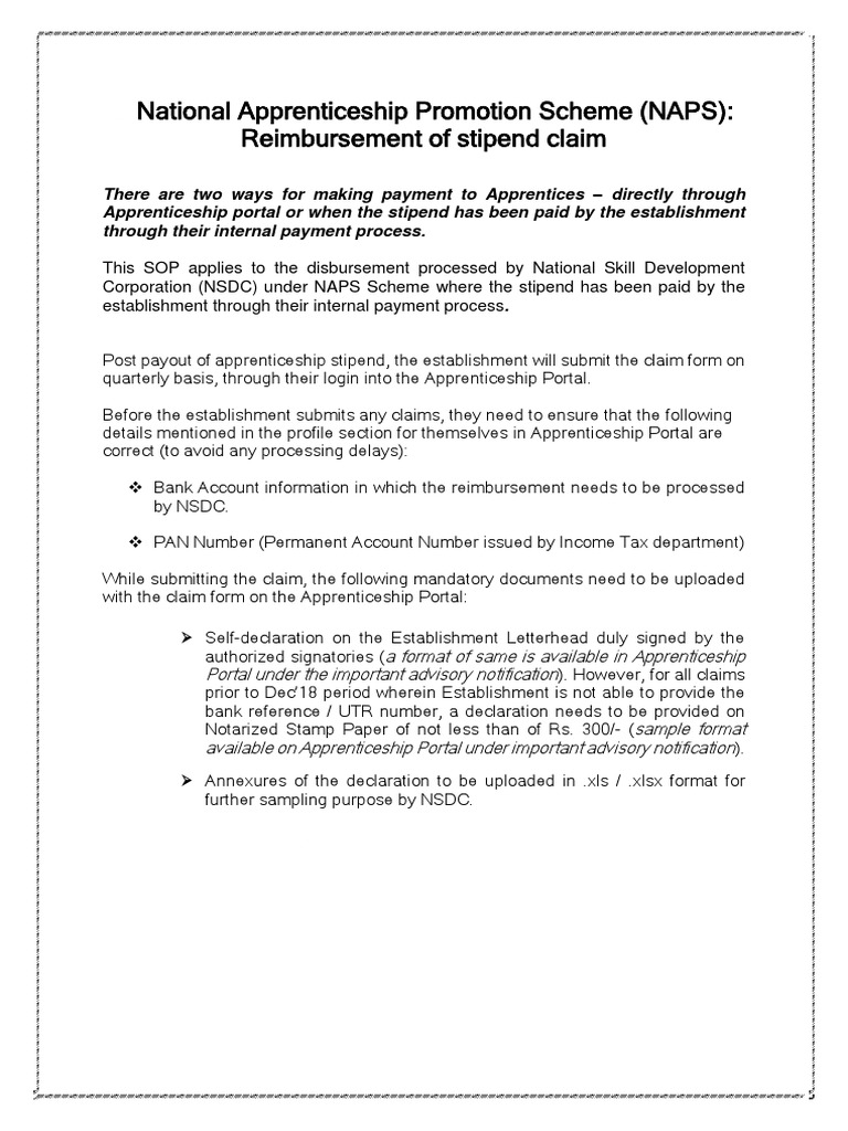 Stipend Reimbursement Process Under NAPS | PDF | Apprenticeship | Payments