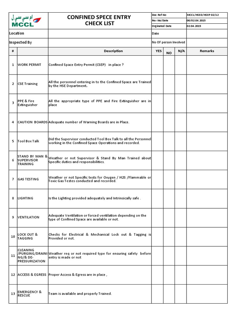 12.confined Space Entry Check List | PDF