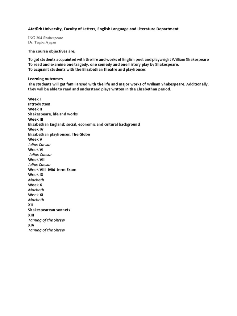 Shakespeare Syllabus | PDF
