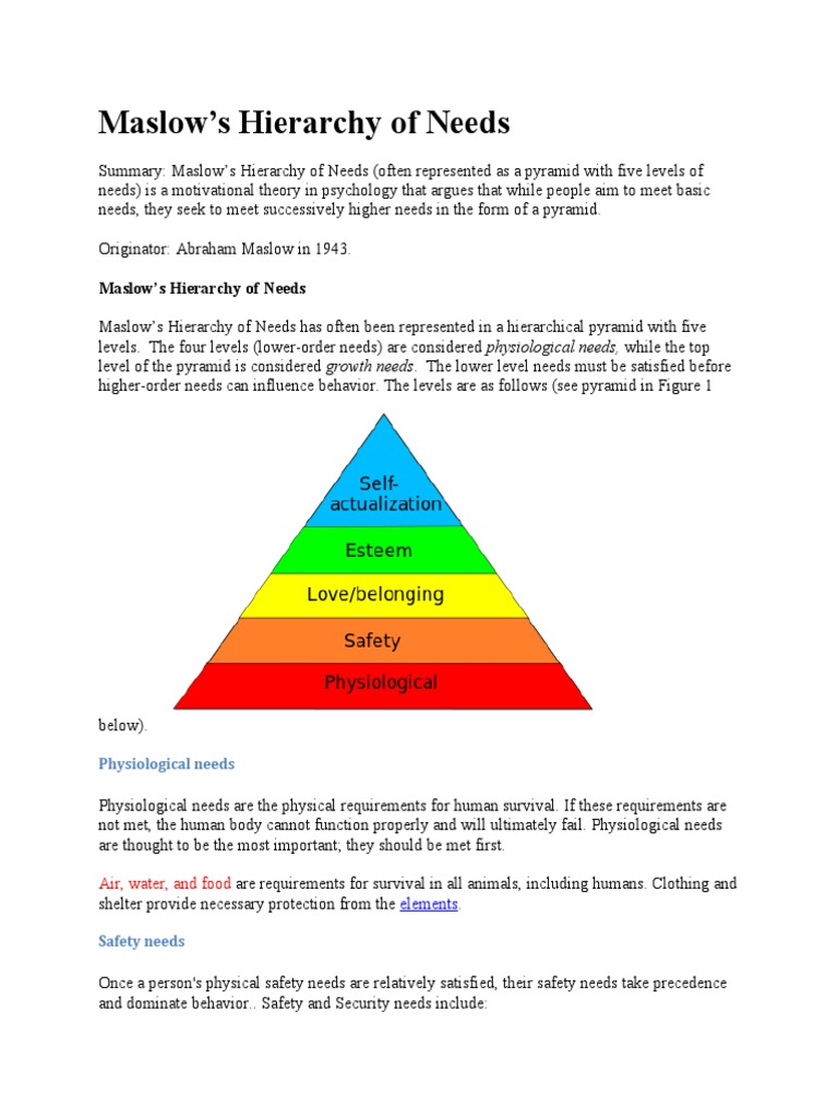 Maslow's Hierarchy of Needs | PDF | Self Esteem | Emotions