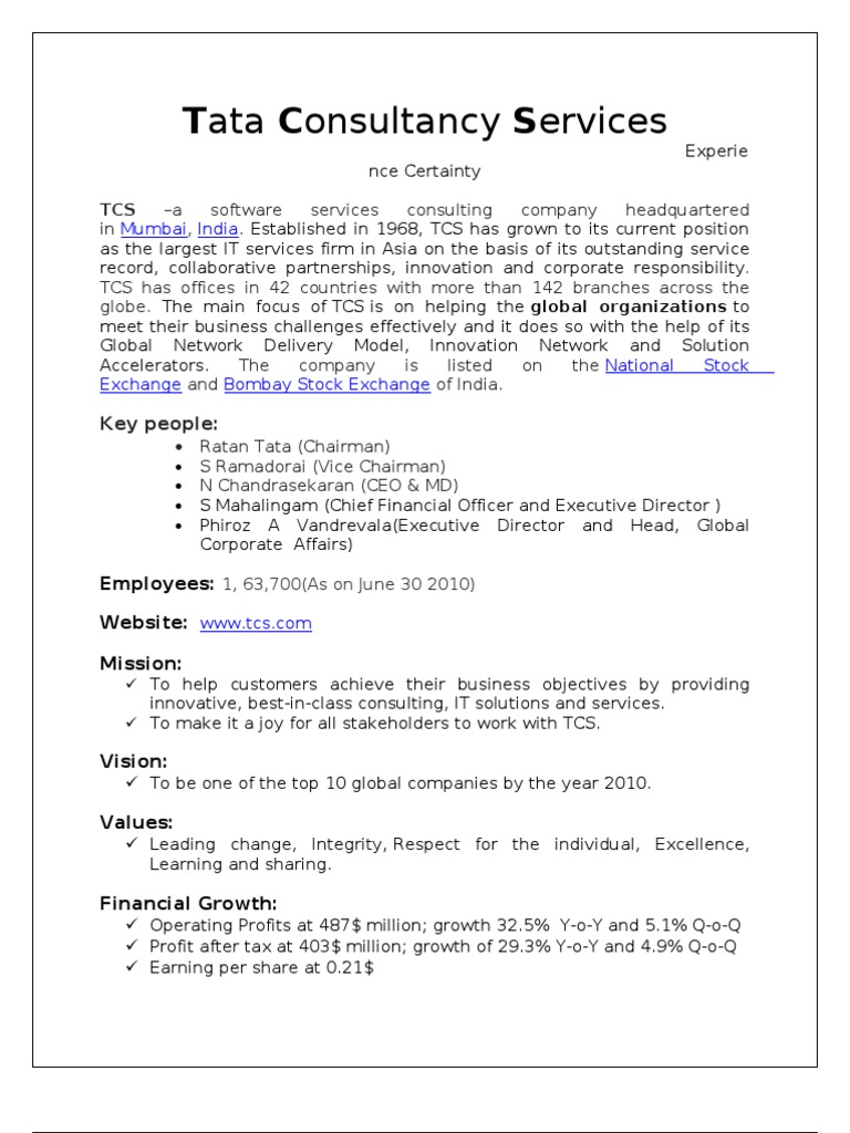 TCS Mission, Vision, and Values Overview | PDF | Economies | Business