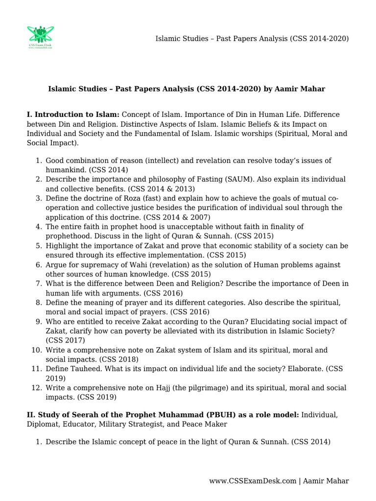 Islamic Studies – Past Papers Analysis (CSS 2014-2020) | PDF | Muhammad ...