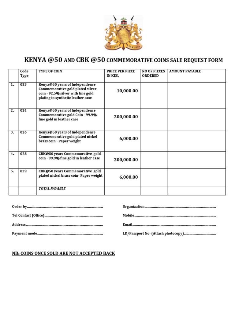 Kenya @50 Commemorative Coin Order Form | PDF | Home & Garden