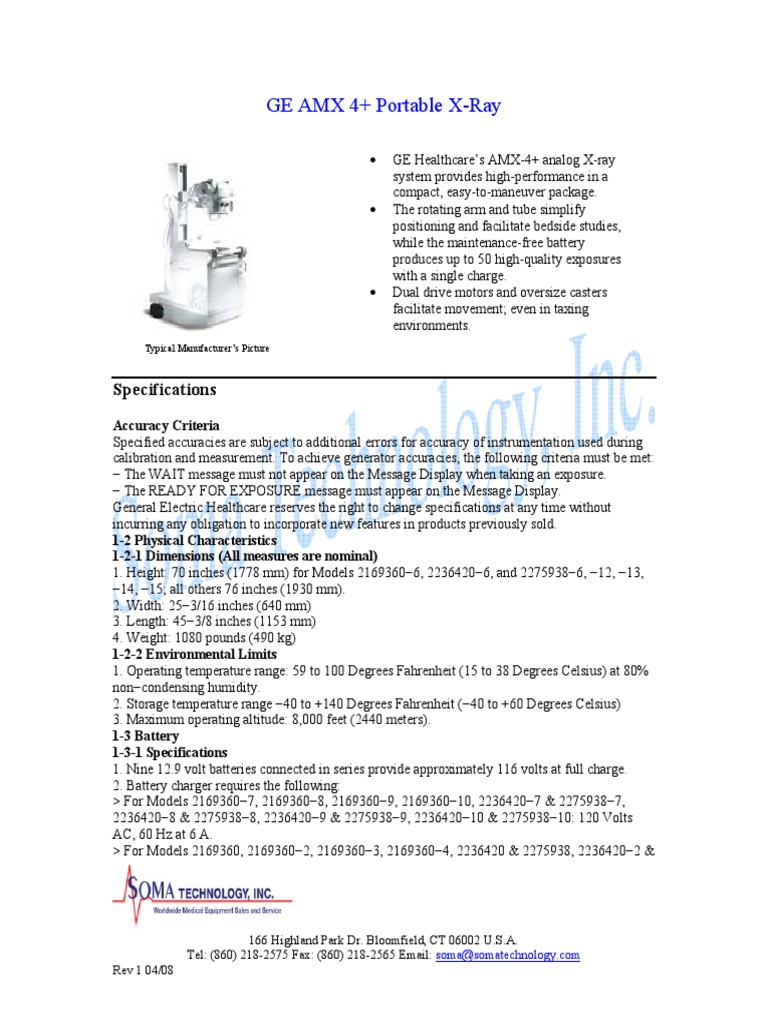 GE AMX 4+ Portable X-Ray: Specifications | PDF | Calibration | Exposure ...