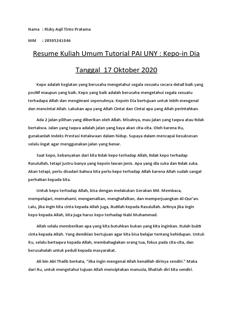 Resume Kuliah Umum Tutorial PAI UNY Kepo-In Dia - Rizky Aqil TInto ...