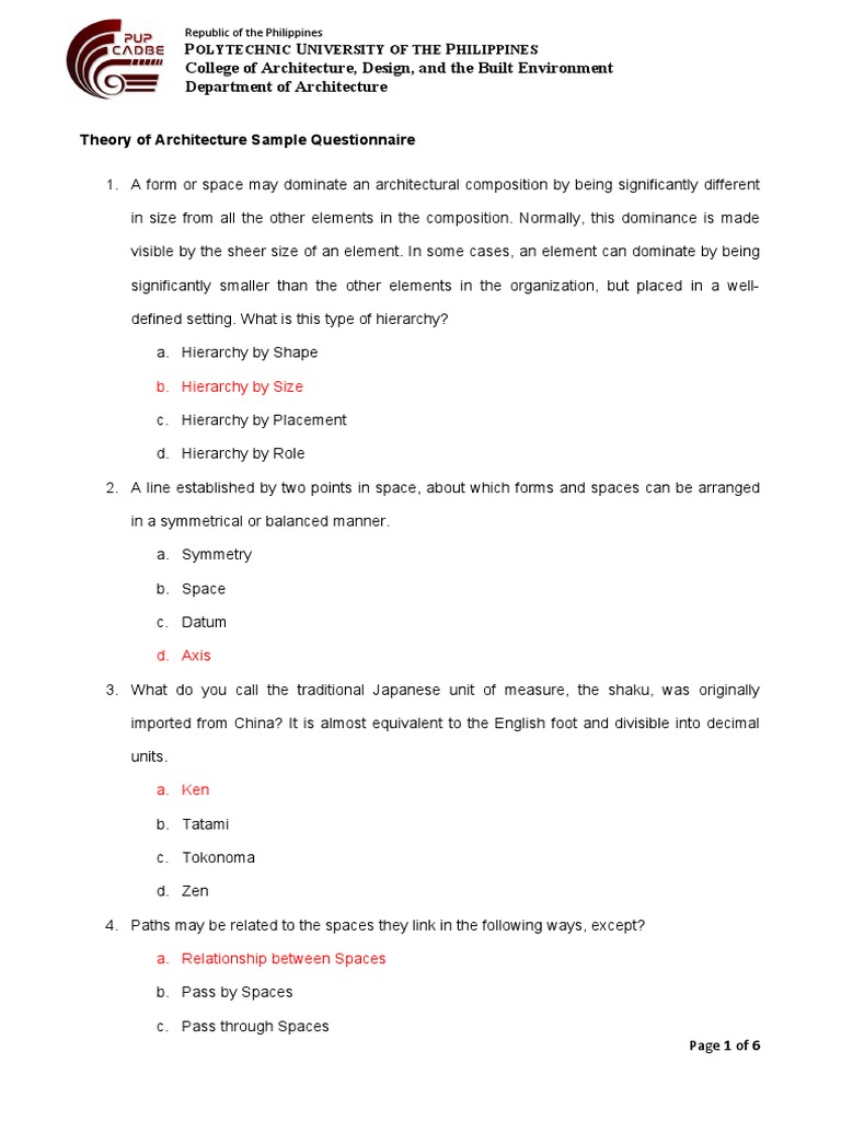 Theory of Architecture Sample Questionnaire | PDF | Plane (Geometry ...