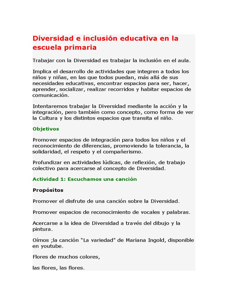 Diversidad e Inclusión Educativa en La Escuela Primaria | PDF ...