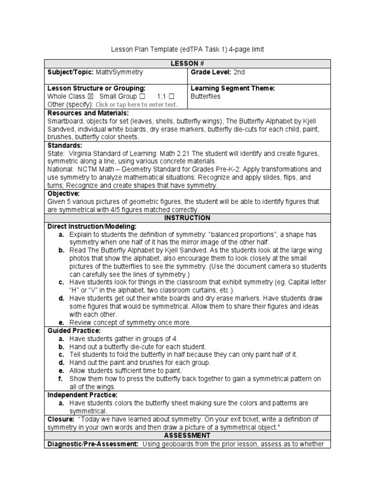 1 Lesson Plan SAMPLE EdTPA Task 1 | PDF | Symmetry | Shape