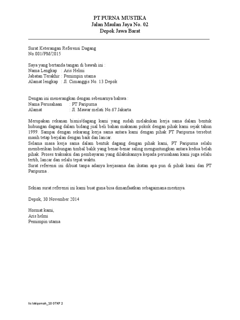 Surat Referensi Dagang PT Paripurna | PDF