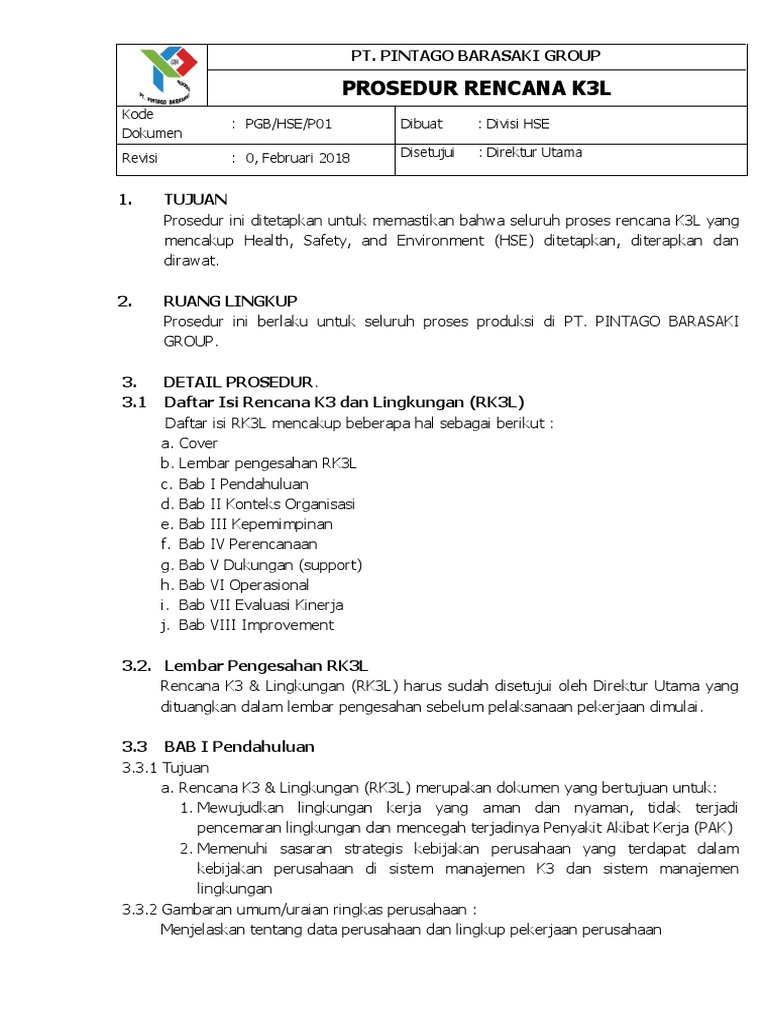 Prosedur Rencana K3L Dan Operasional | PDF