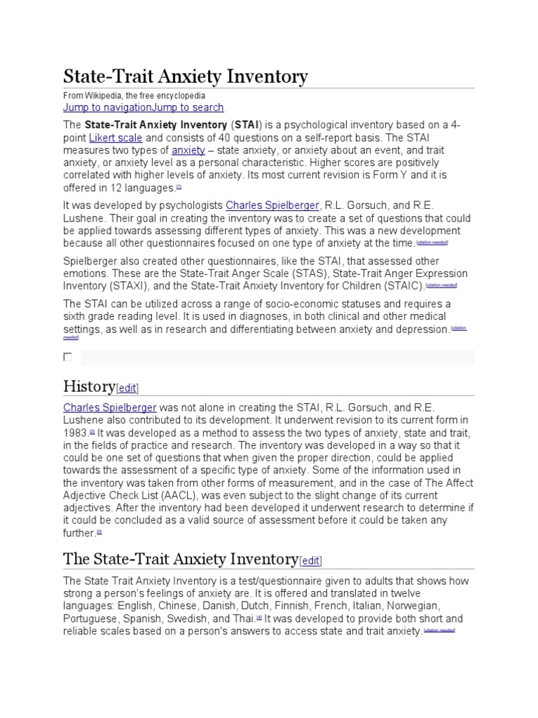 State-Trait Anxiety Inventory: History | PDF | Psychological Testing ...