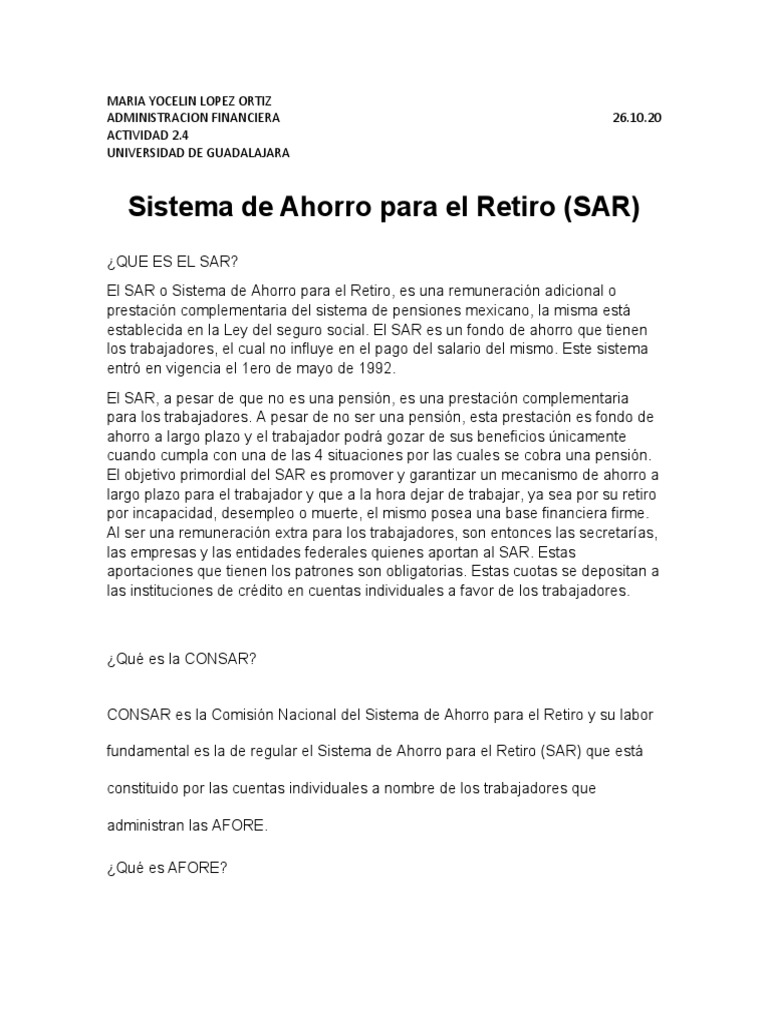 Sistema de Ahorro para El Retiro (SAR) | PDF | Pensión | Economias
