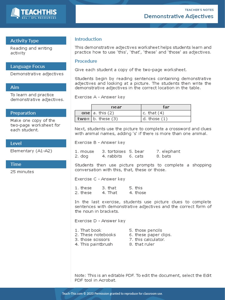 Demonstrative Adjectives Worksheet | PDF | English As A Second Or ...
