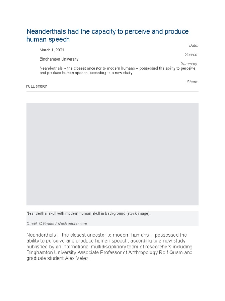 Neanderthals Had The Capacity To Perceive and Produce Human Speech | PDF