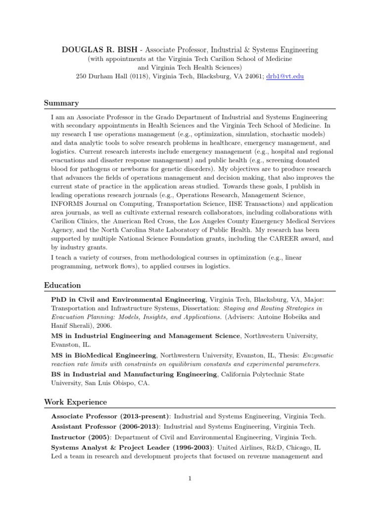 DOUGLAS R. BISH - Associate Professor, Industrial & Systems Engineering | PDF | National Science ...
