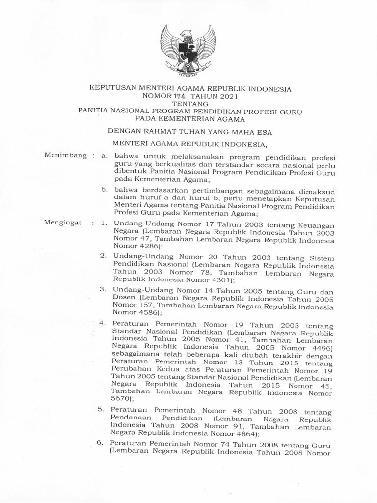 KMA No.174 Tahun 2021 Tentang Panitia Nasional Program PPG Pada ...