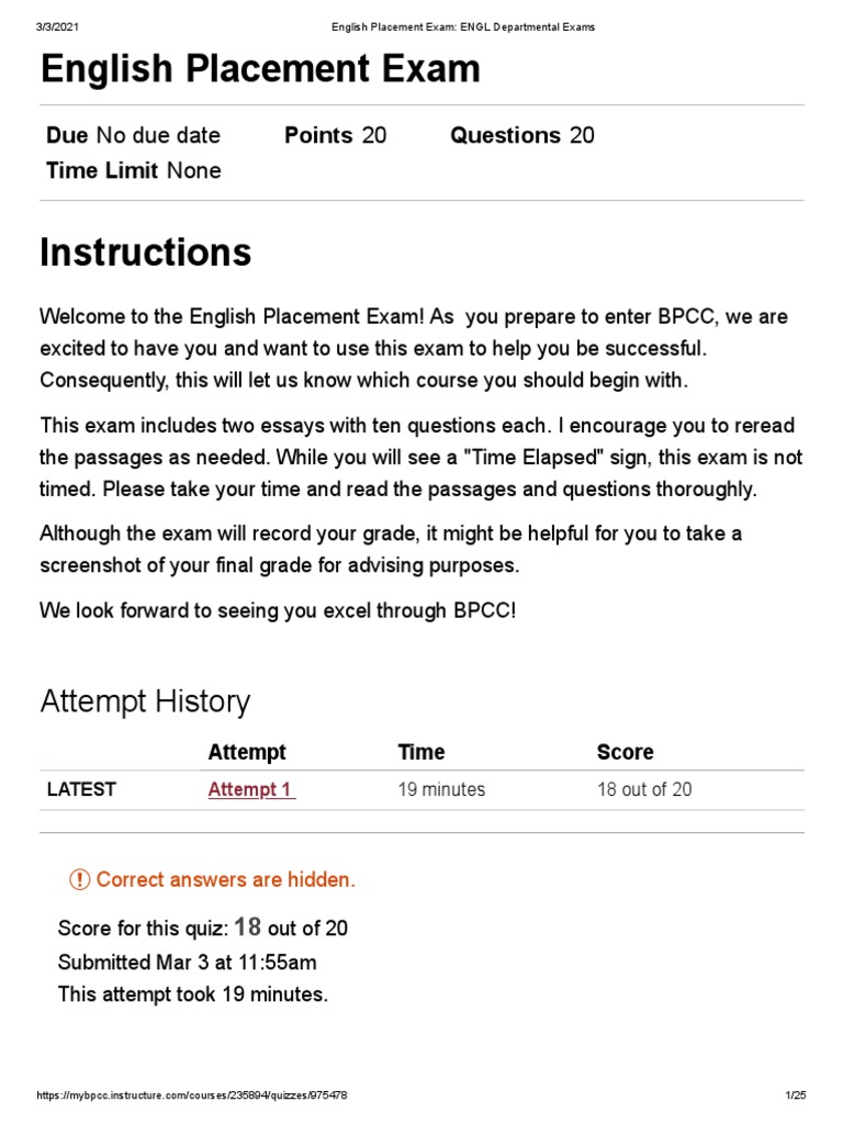 English Placement Exam - ENGL Departmental Exams | PDF | Study Skills ...