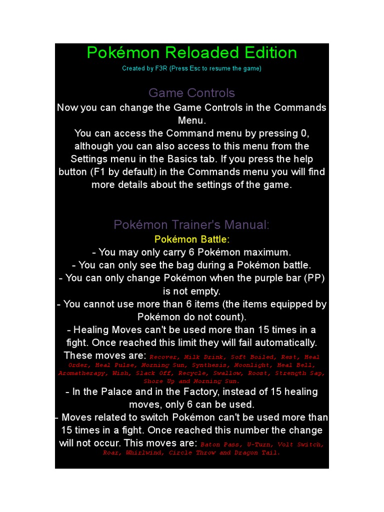 Pokémon Reloaded Edition: Game Controls | PDF | Pokémon