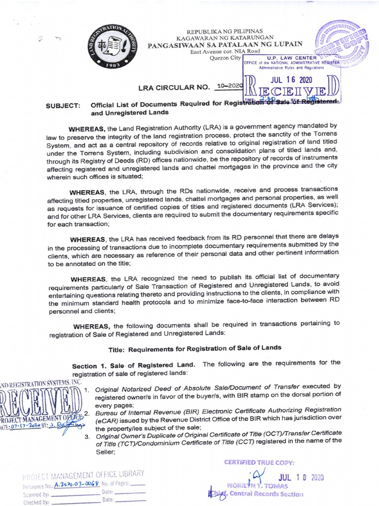 LRA Circular No 10-2020 - Official List of Documents Required For ...