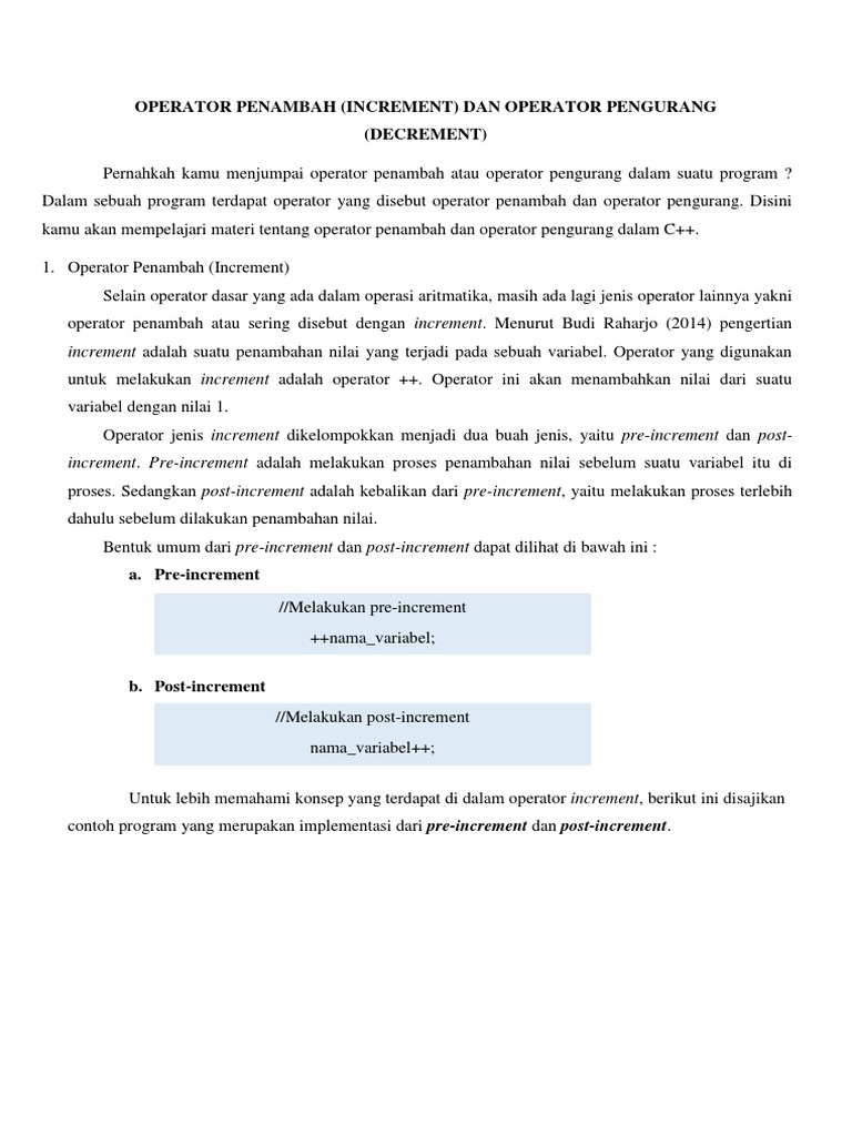 Operator Penambah (Increment) Dan Operator Pengurang (Decrement) | PDF