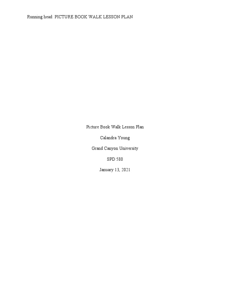 Running Head: Picture Book Walk Lesson Plan | PDF | Lesson Plan | Literacy