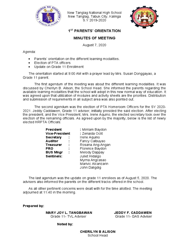 1 Parents' Orientation Minutes of Meeting | PDF | Meetings | Organized ...