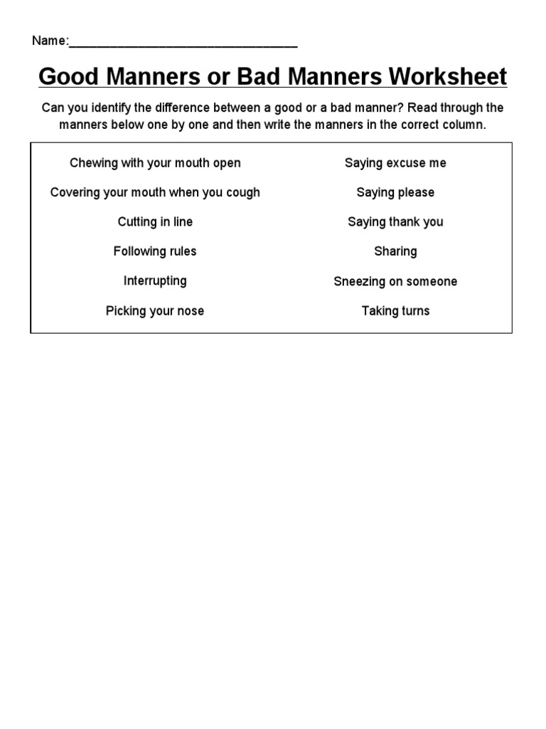 Good Manners or Bad Manners Worksheet | PDF