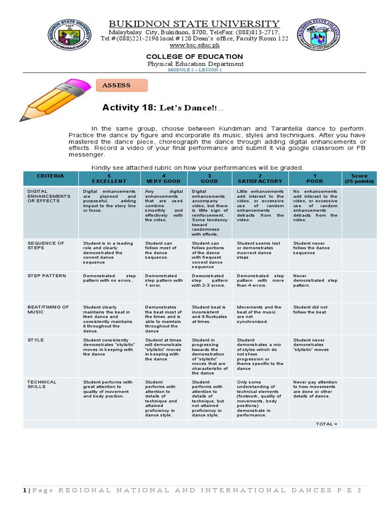Bukidnon State University: Activity 18: Let's Dance! | PDF | Dances | Behavior Modification