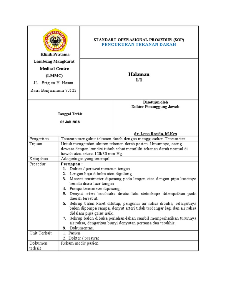 SOP Pengukuran Tekanan Darah | PDF