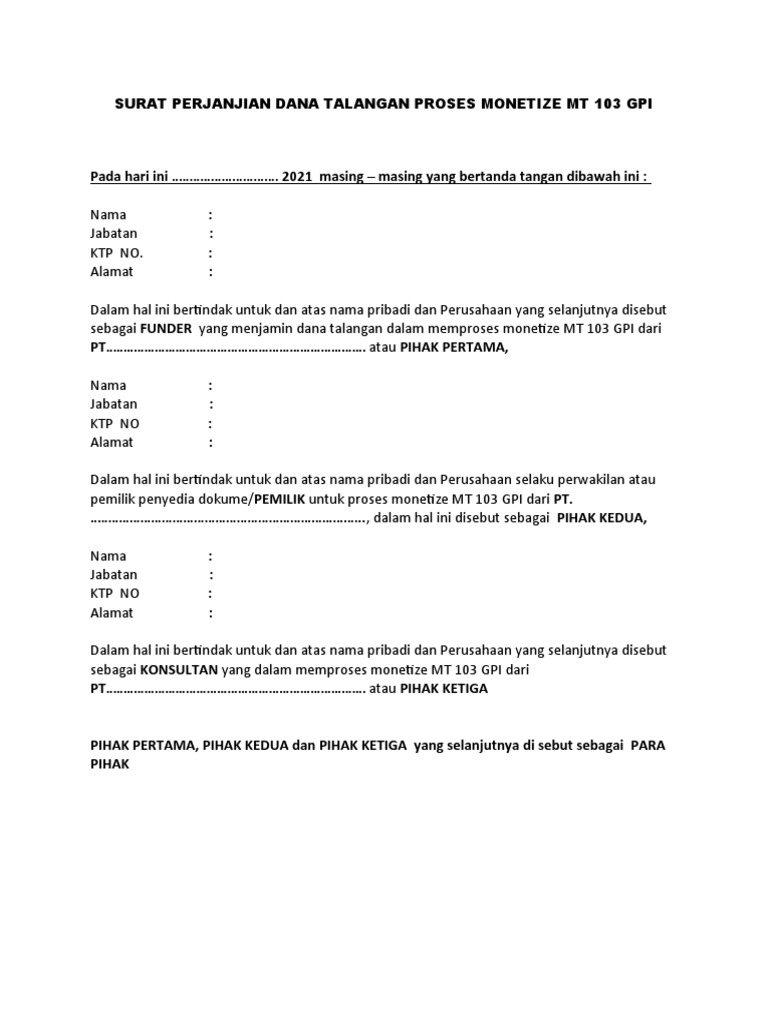 Perjanjian Dana Talangan Proses MT 103 | PDF