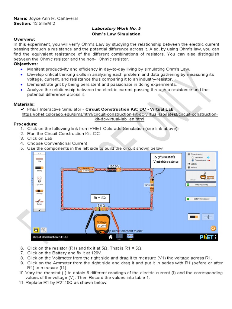 Ohm's Law Simulation Lab Guide | PDF | Electrical Resistance And ...