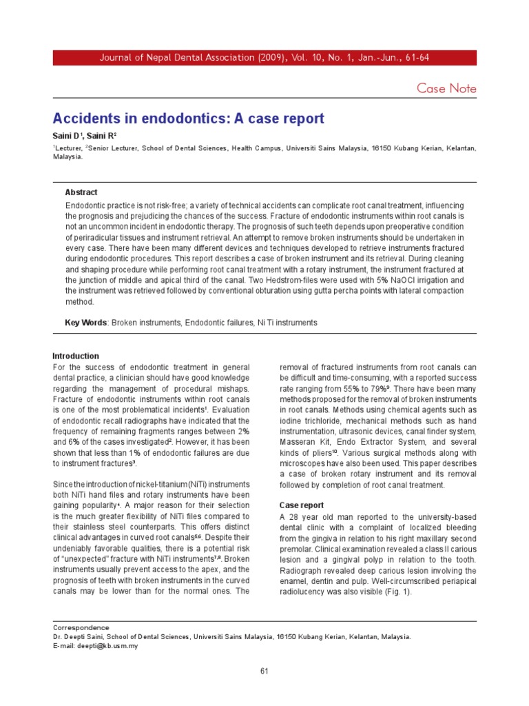 Accidents in Endodontic A Case Report | PDF | Mouth | Dentistry