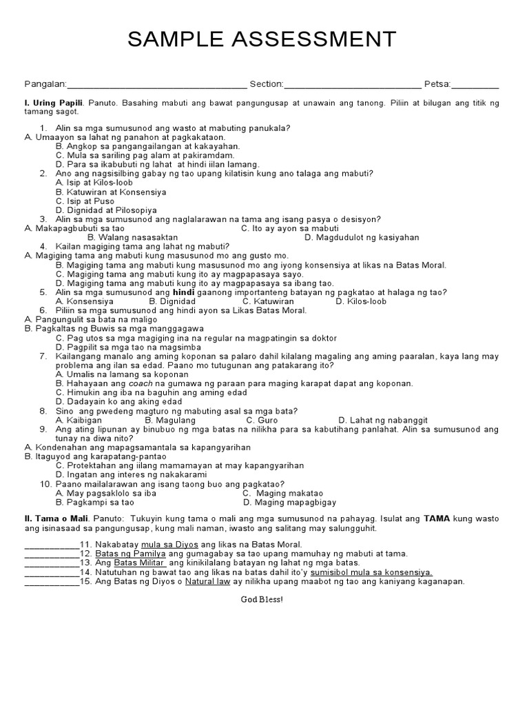 Sample Assessment: Pangalan: - Section: - Petsa | PDF
