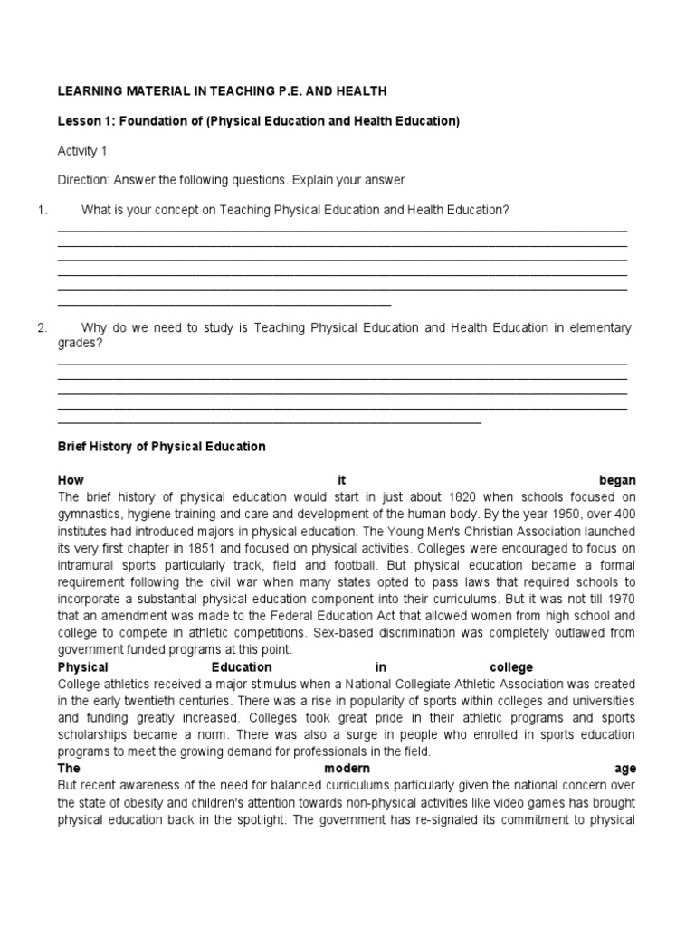 Learning Material in Teaching P.E. and Health Lesson 1: Foundation of ...