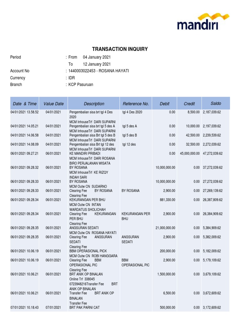 Transaction Inquiry: Date & Time Value Date Description Debit Credit ...