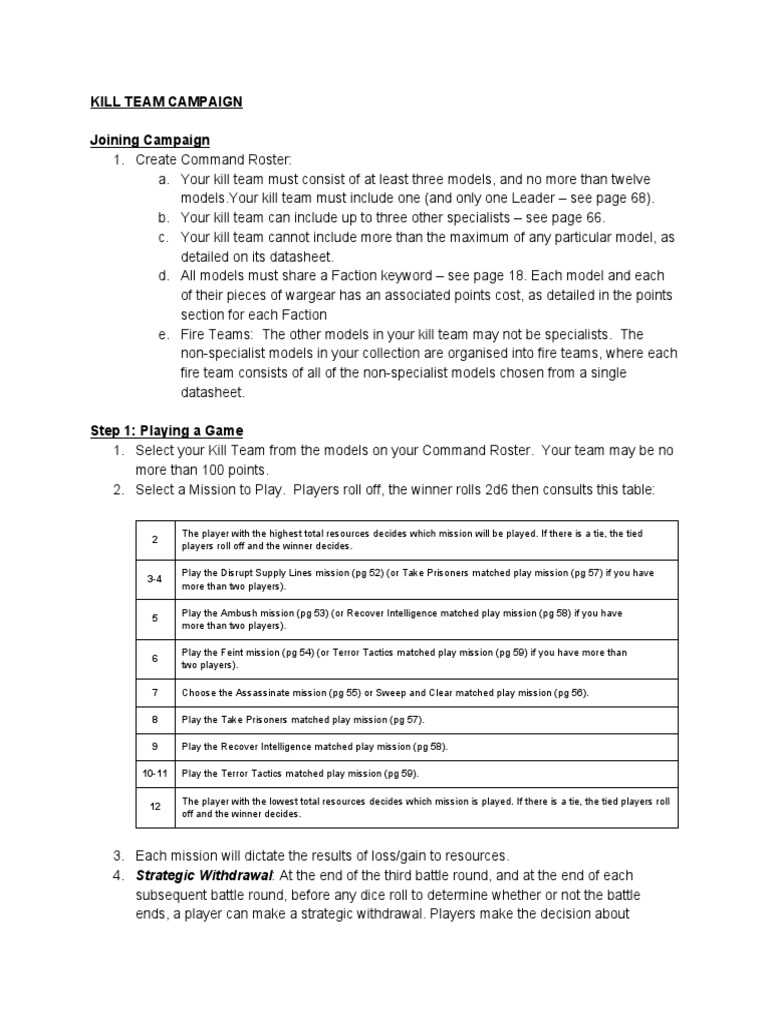 Kill Team Campaign Cheat Sheet | Download Free PDF | Battles | Warfare