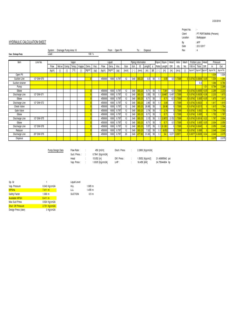 Hydraulic Calculation Sheet: Case: Drainage Pump | PDF | Pump | Pressure