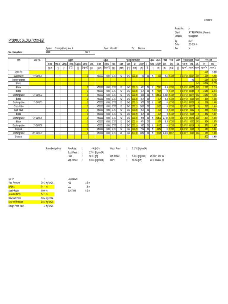 Hydraulic Calculation Sheet: Case: Drainage Pump | PDF | Pump | Pressure