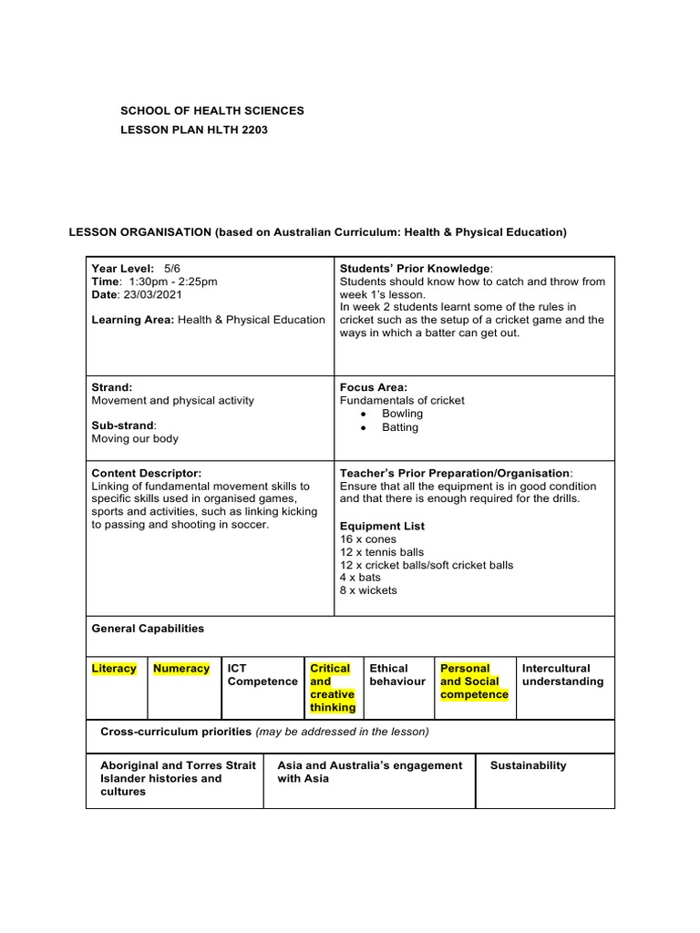 Lesson Plan 1 Cricket | PDF | Bowling (Cricket) | Physical Education
