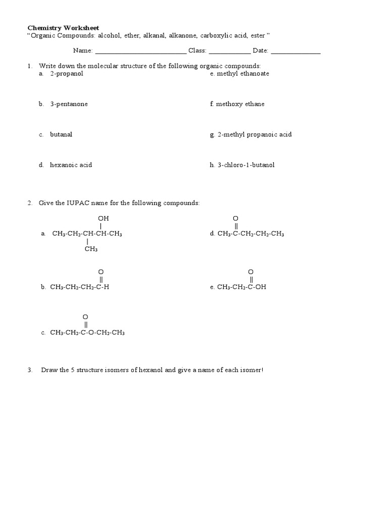 Chemistry Worksheet - Organic Compounds | PDF