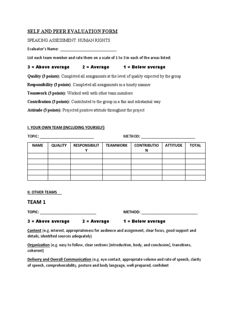 Self and Peer Evaluation Form | PDF | Body Language | Human Communication