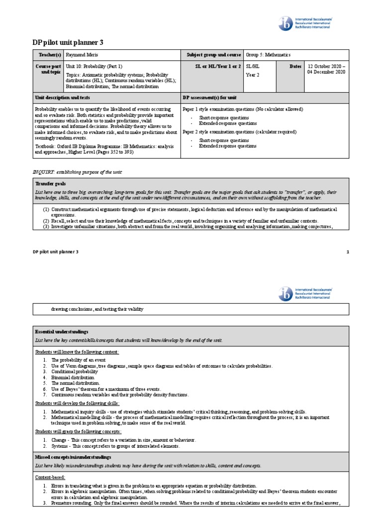 DP Math Analysis Unit Plan - Probability (Core SL-HL) | PDF ...